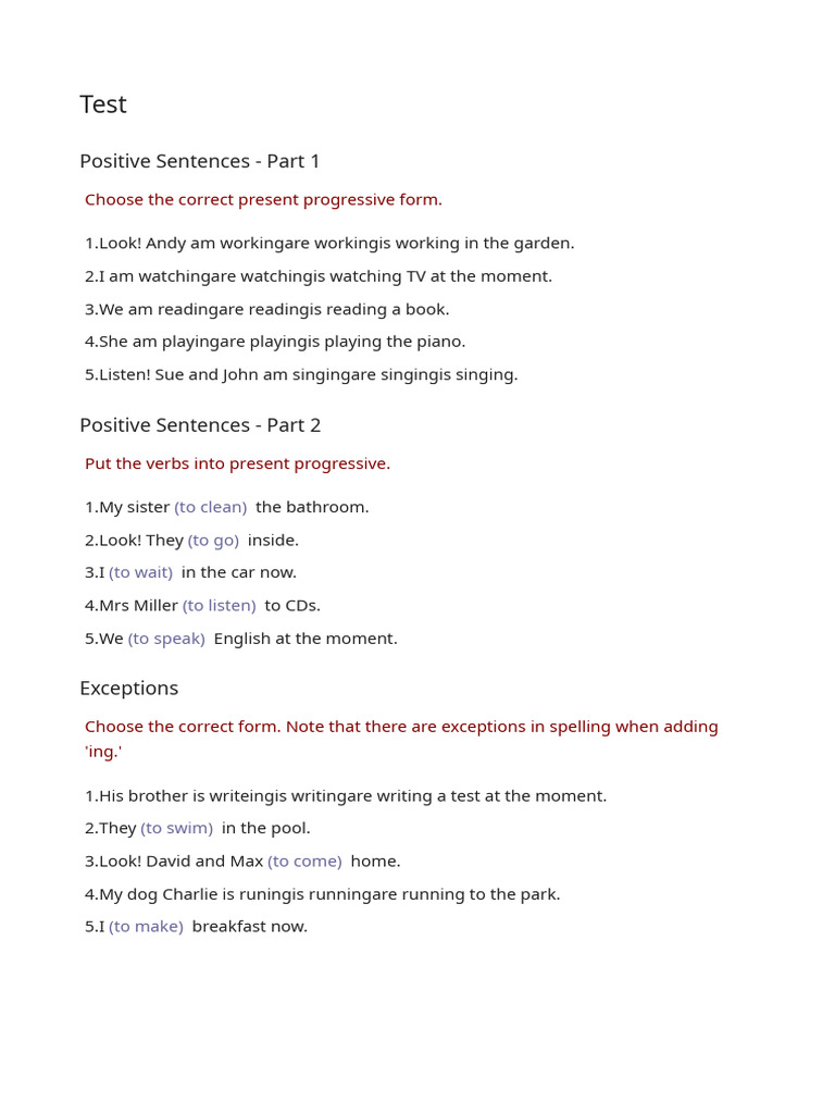 Present Progressive Exercises and Examples | PDF