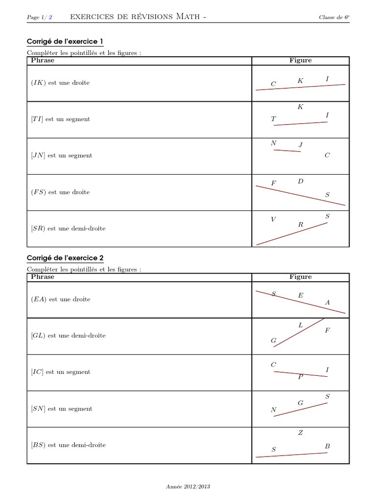 Exercices corrigés : Droites et segments 6e | PDF