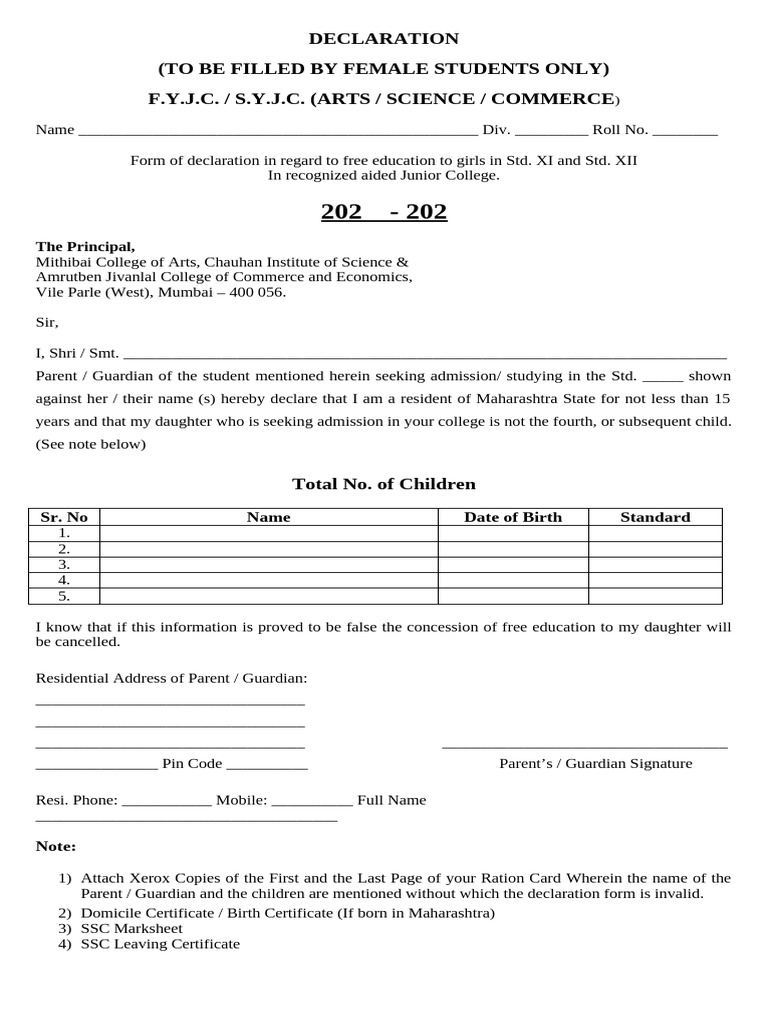 Declaration For Girls Students Freeship Fyjc Syjc 1 | PDF