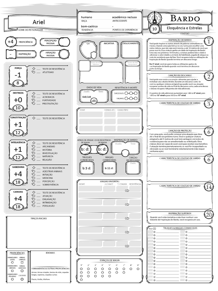 DnD 5e - Ficha - Bardo - Ariel | PDF
