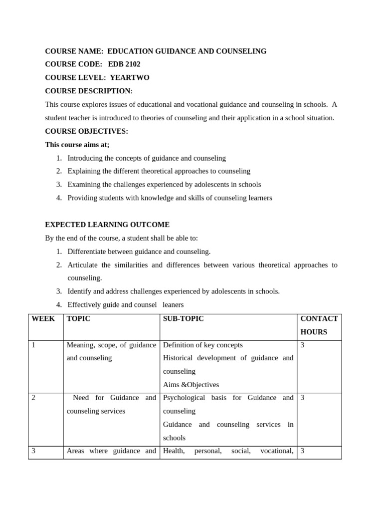 Course Outline For Guidance and Counselling | PDF | Counseling ...