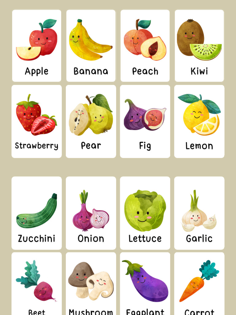 Fruit and Vegetable Flashcards in Tan and White Illustrative Style | PDF