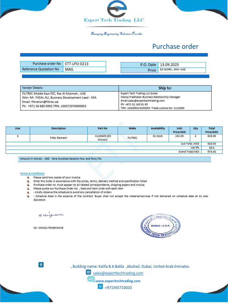 Purchase Order for FILTREC Middle East | PDF | United Arab Emirates ...