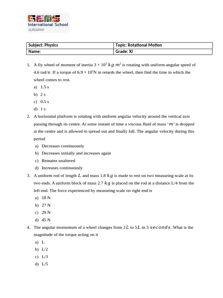 Rotational Motion Worksheet 1 | PDF | Rotation Around A Fixed Axis | Mechanics