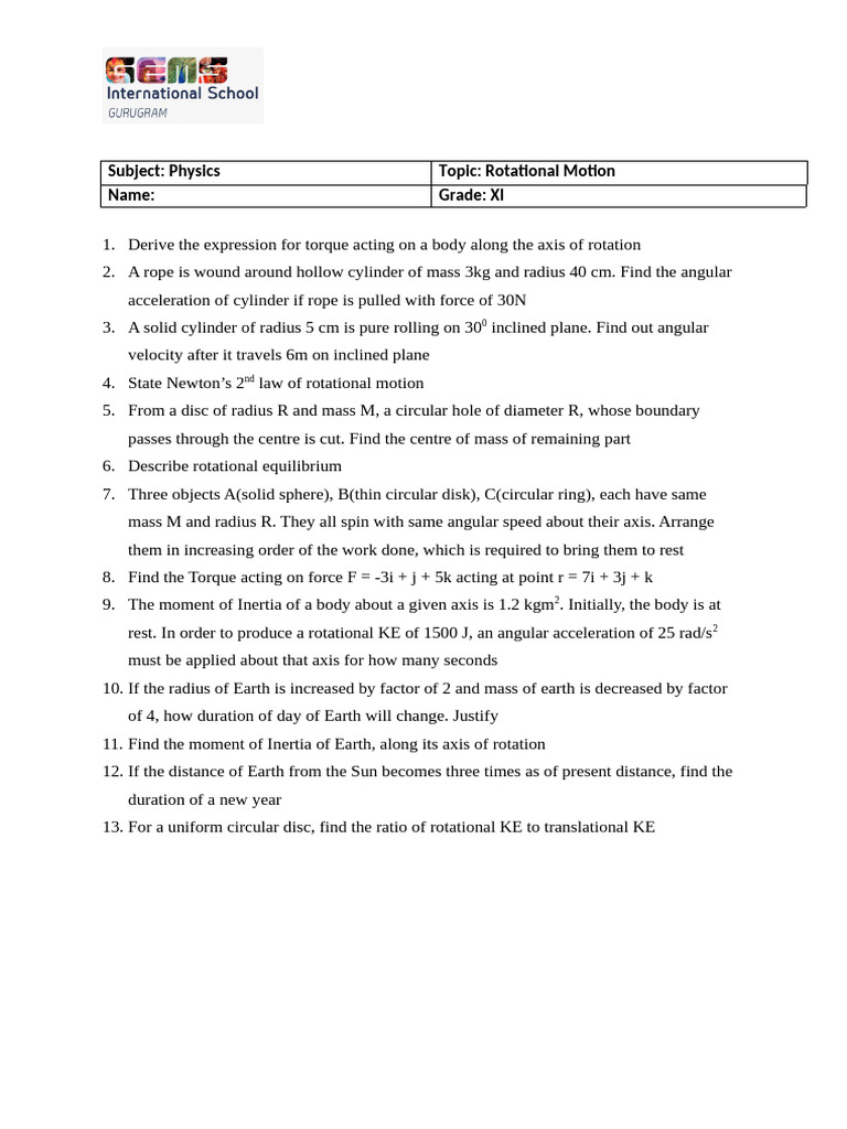 Rotational Motion Worksheet 2 | PDF