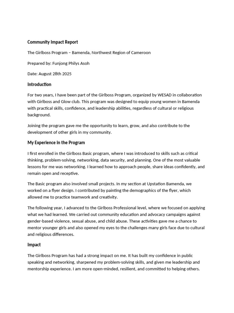 Community Impact Report - Funjong Philys | PDF | Mentorship | Learning