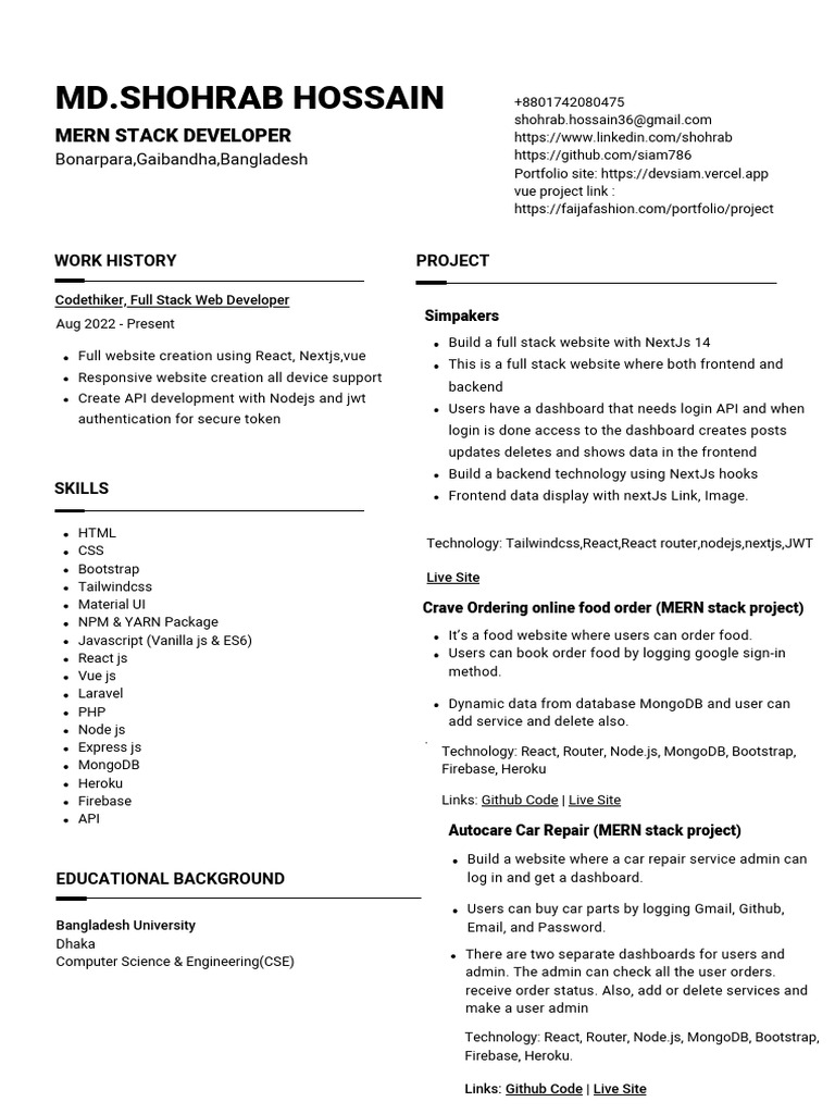 Mern Stack Developer Shohrab Hossain Resume | PDF | Java Script | World ...
