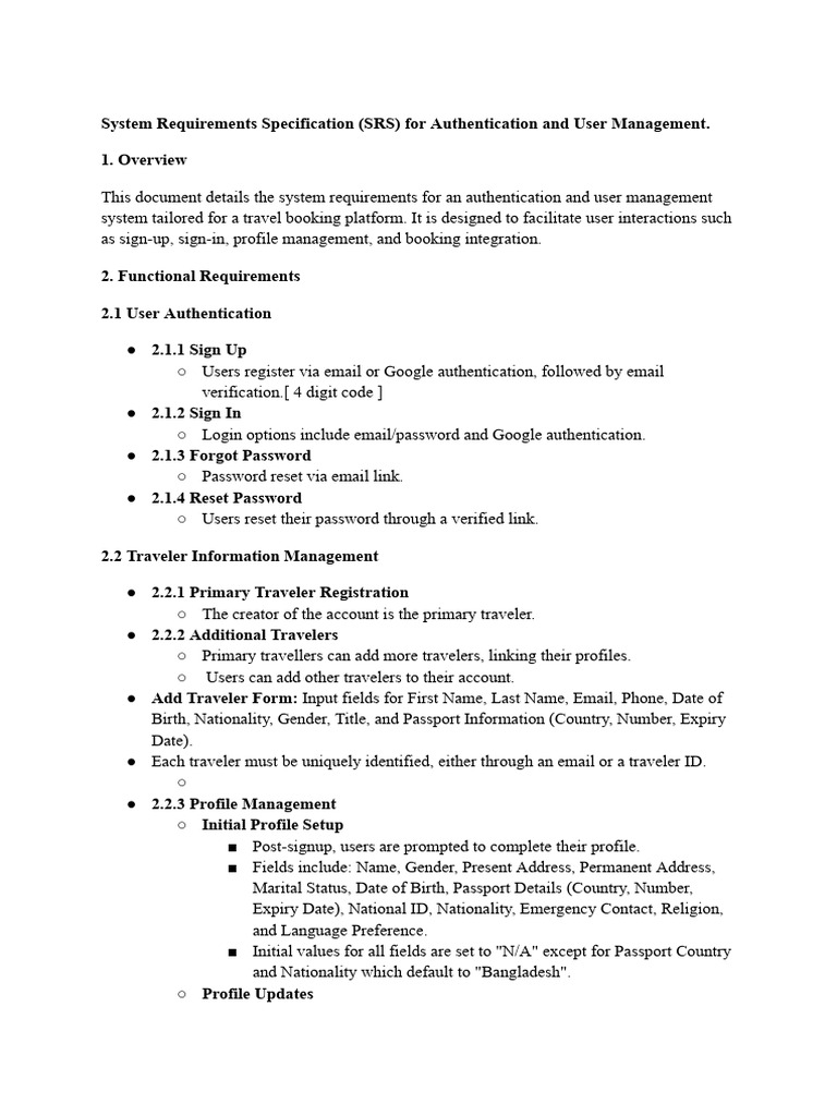 System Requirements Specification (SRS) for Authentication and User ...