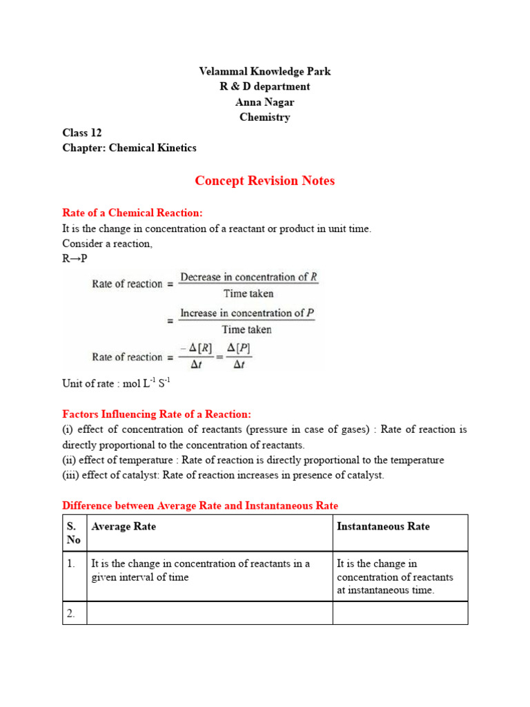 Chemical Kinetics Revision Notes | PDF | Reaction Rate | Chemical Reactions