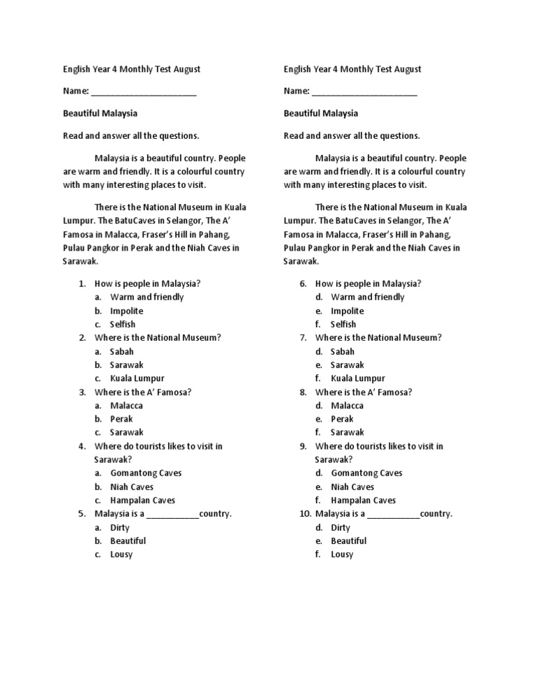 English Year 4 Monthly Test August | PDF