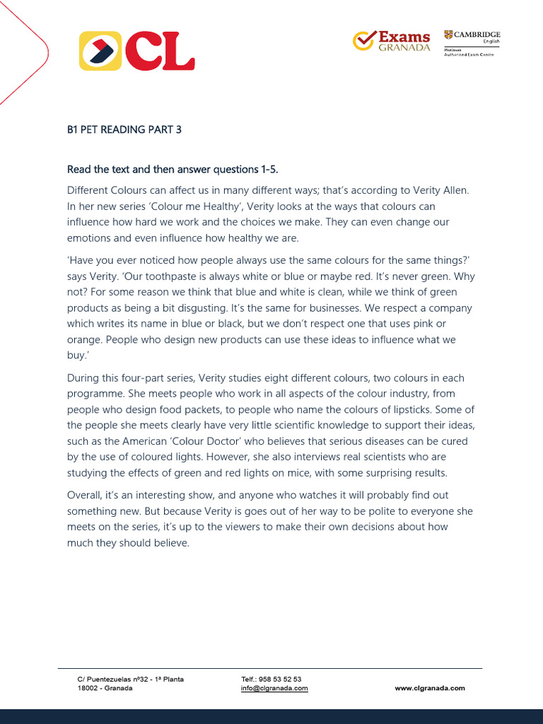 b1 Pet Reading Part 3 - Colour Me Healthy | PDF