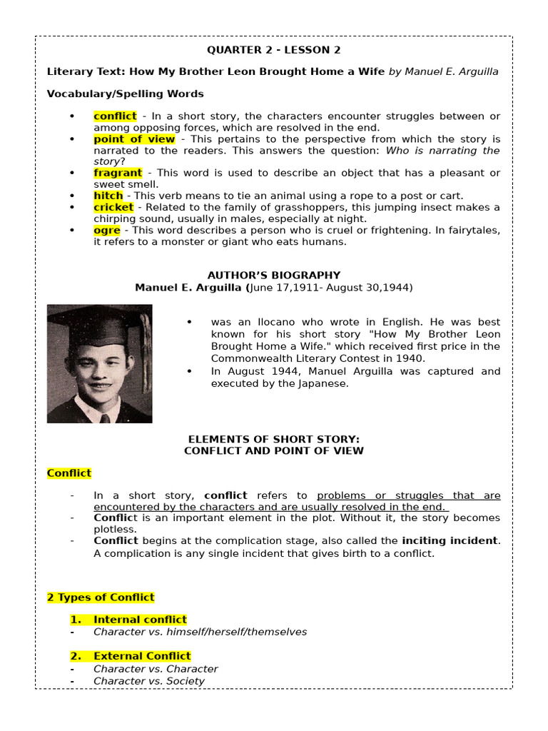 Lesson 2 - How My Brother Leon Brought Home A Wife-Conflict-POV | PDF ...