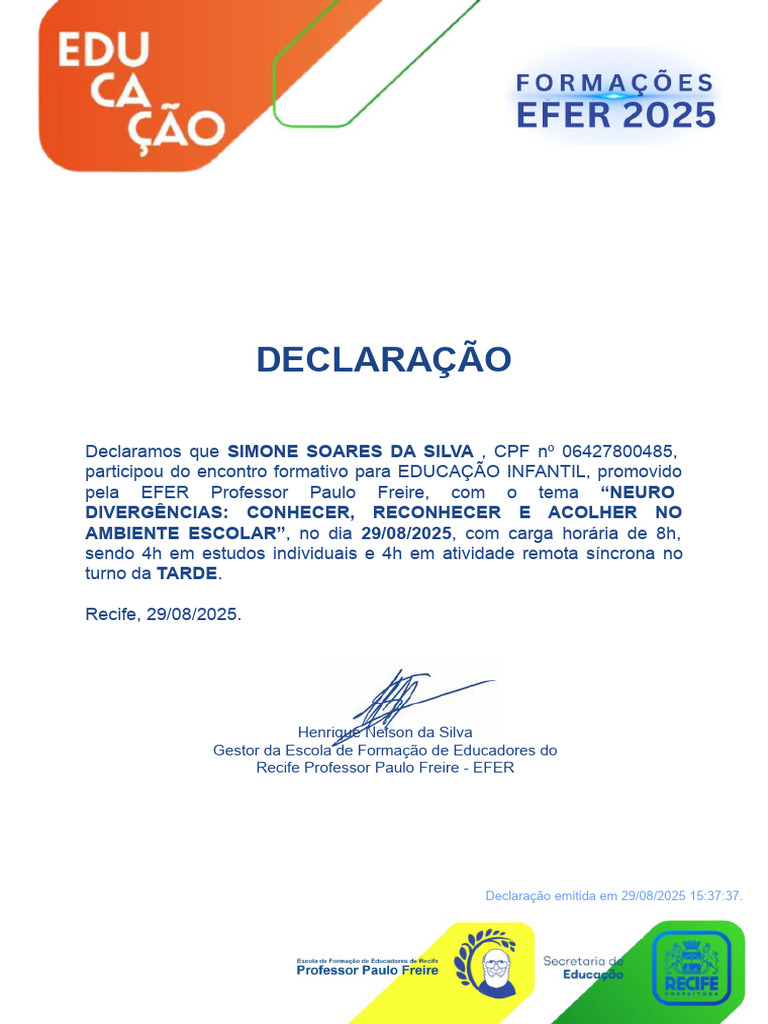 Declaração de Participação em Curso EFER | PDF
