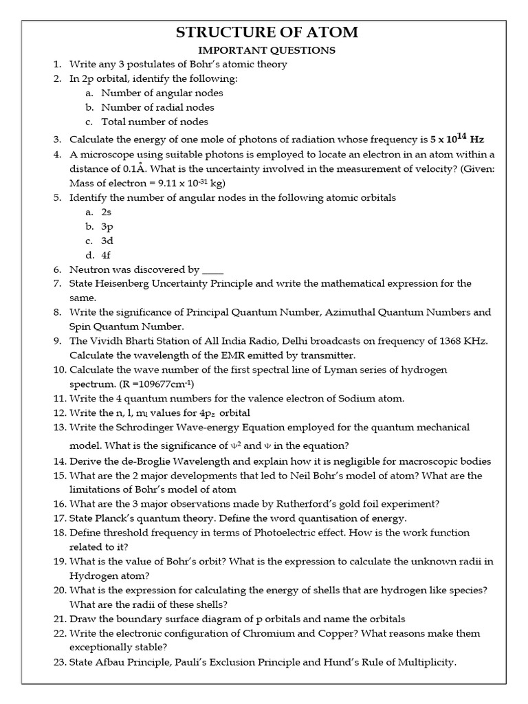 Key Questions on Atomic Structure | PDF | Atomic Orbital | Atoms