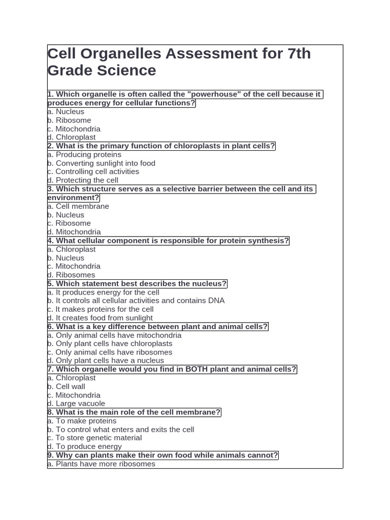 Cell Organelles Assessment For 7th Grade Science | PDF | Cell (Biology ...