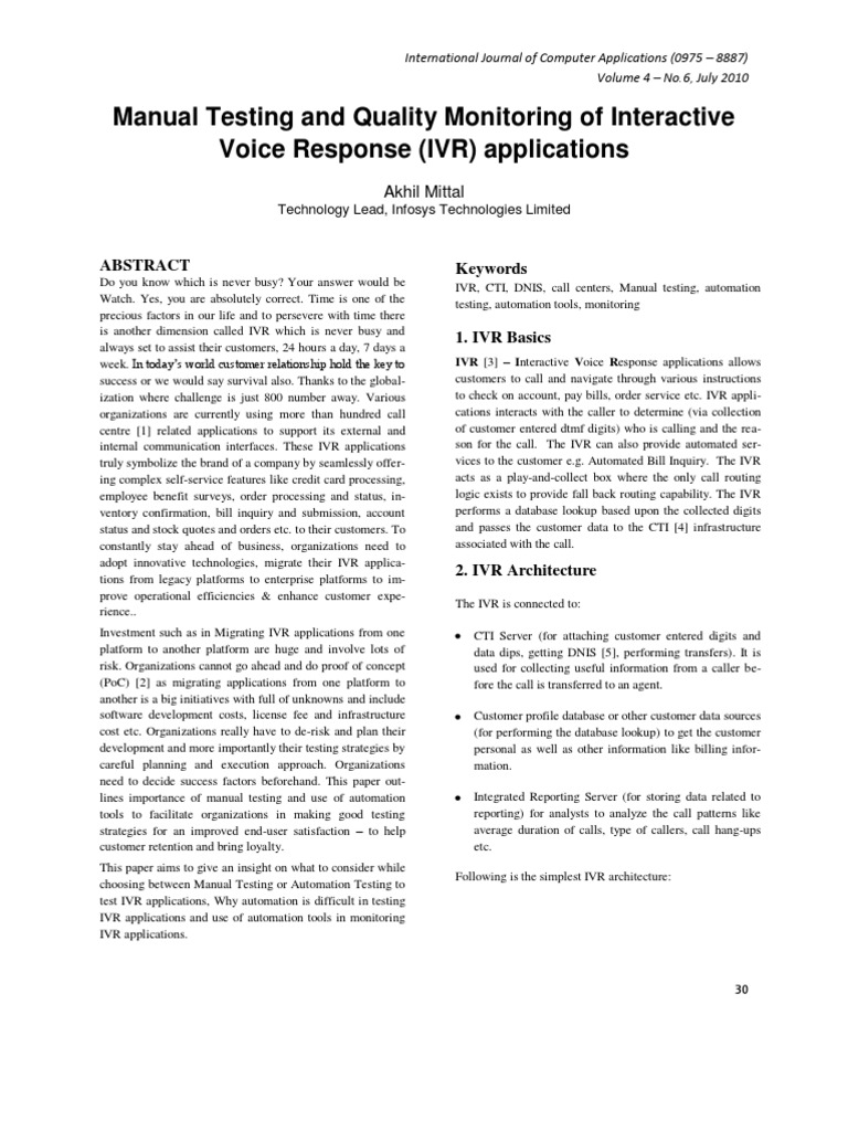 Manual Testing and Quality Monitoring of Interactive Voice Response ...