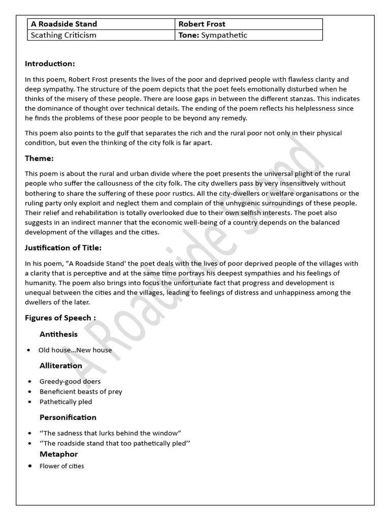 Robert Frost's "A Roadside Stand" Analysis | PDF