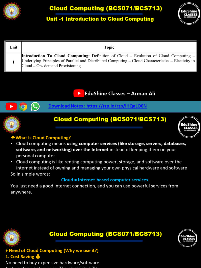 Cloud Computing Unit 1 One Shot (EduShine Classes) | PDF | Cloud Computing | Scalability