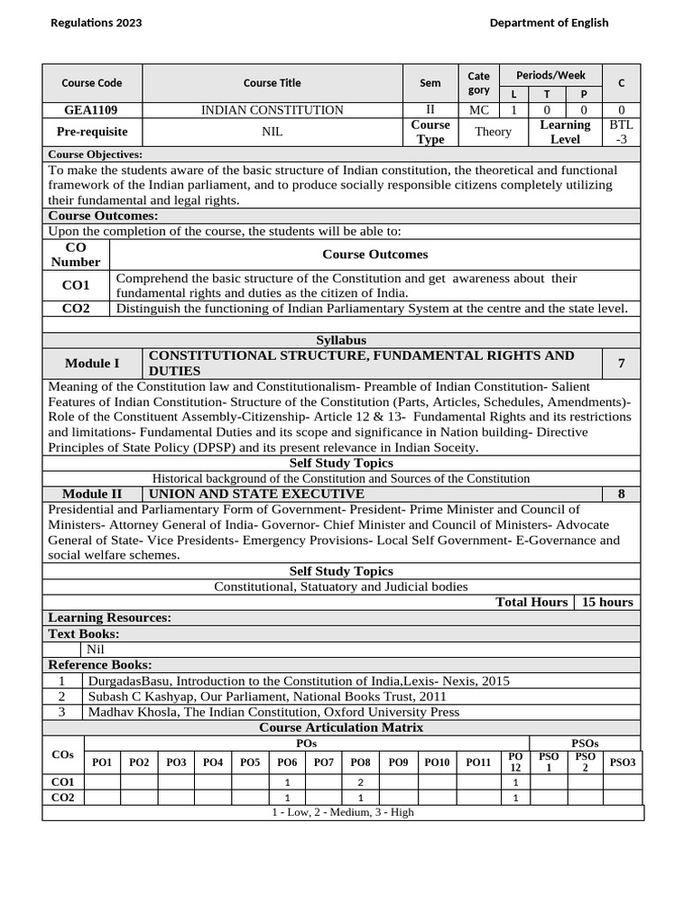 Indian Constitution Course Syllabus | PDF | Constitution | Political ...