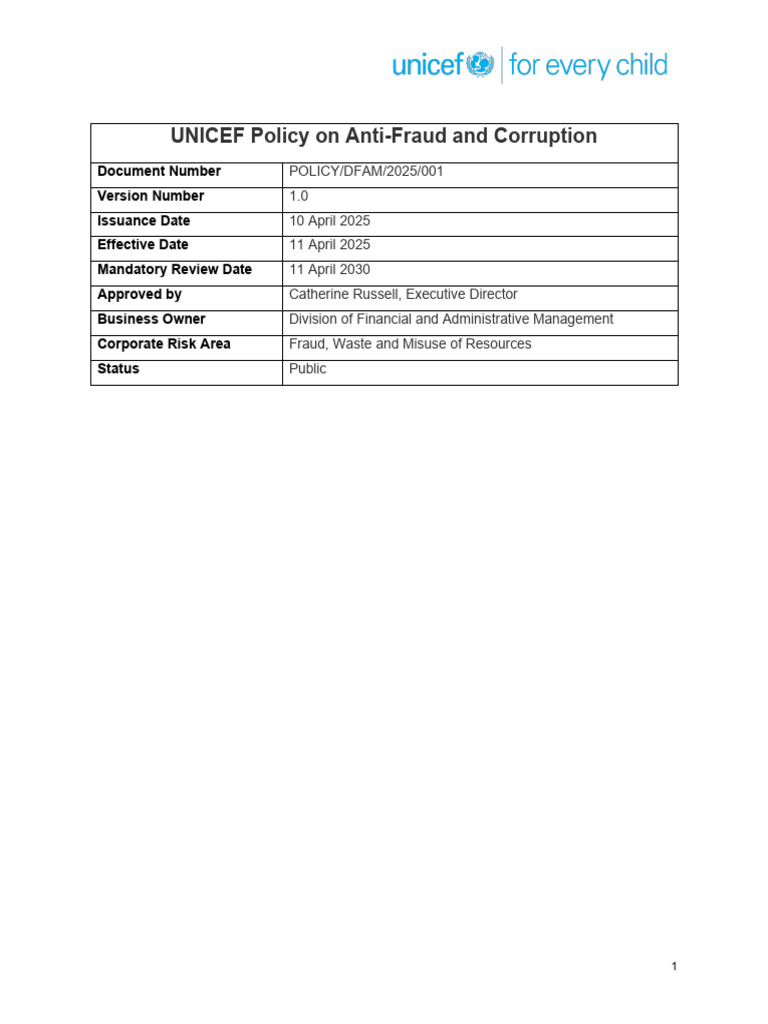 UNICEF Anti-Fraud and Corruption Policy | PDF | Internal Control ...