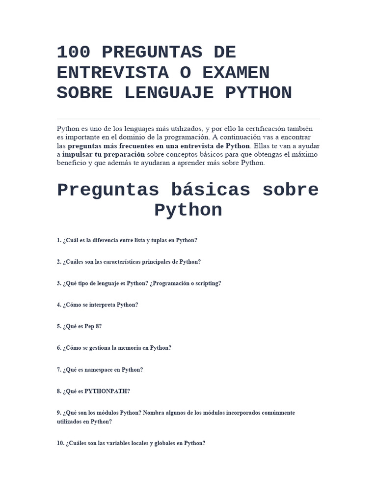 100 Preguntas de Entrevista o Examen Sobre Lenguaj | PDF | Python (lenguaje de programación ...