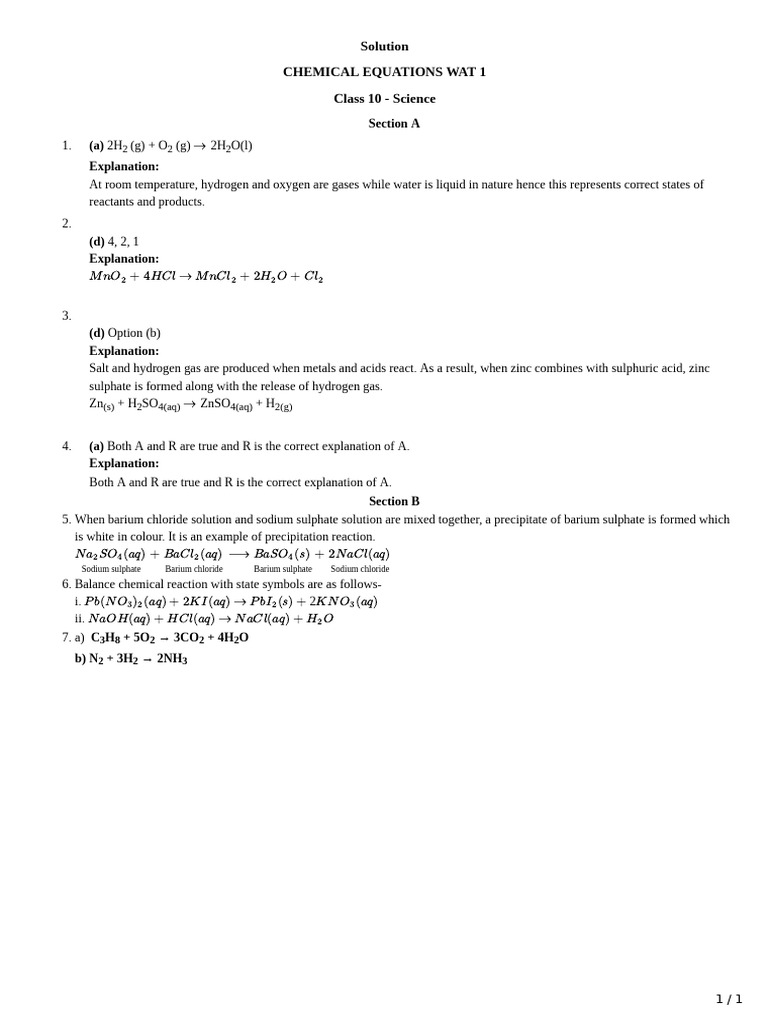 Chemical Equations WAT 1 Solutions | PDF