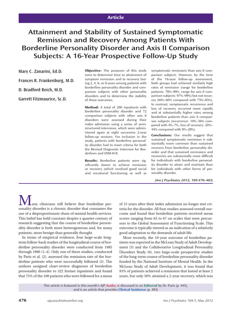 Zanarini Et Al 2012 Attainment and Stability of Sustained Symptomatic ...