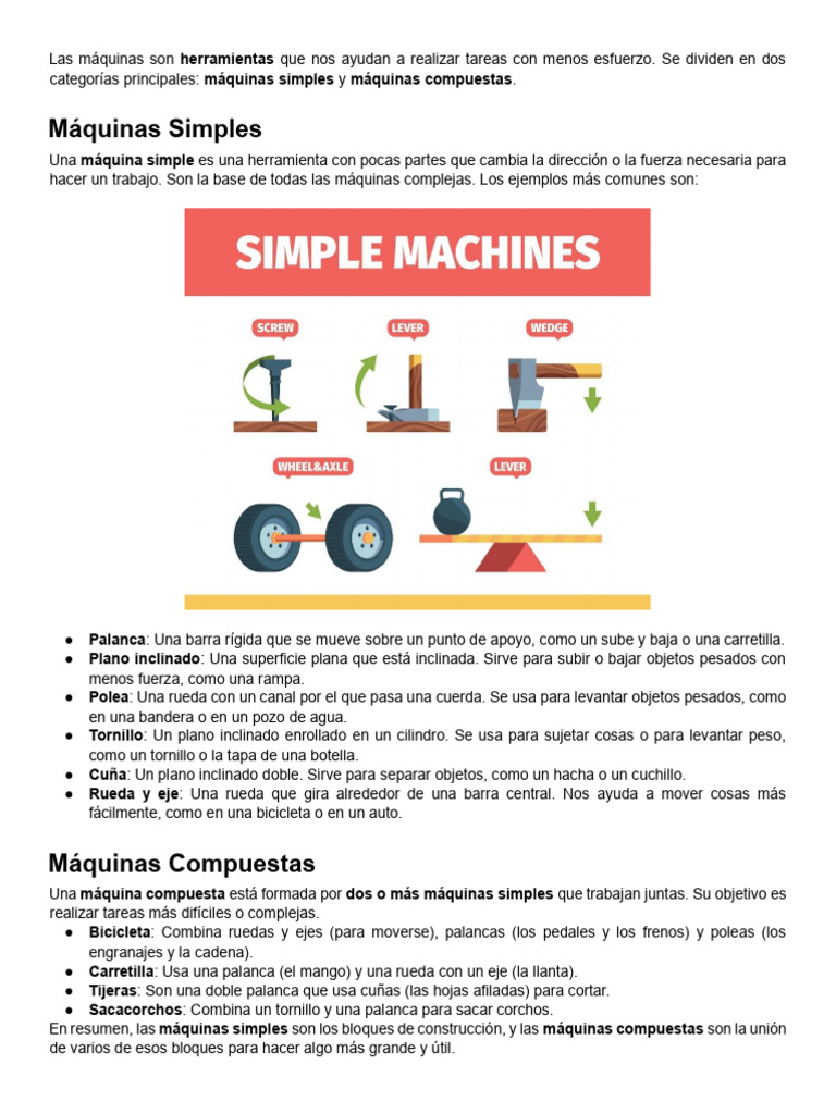 Concepto Máquinas Simples y Compuestas Con Ejemplo | PDF