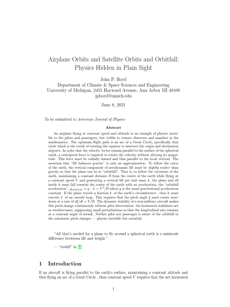 Airplane Orbits and Satellite Orbits and Orbitfall: Physics Hidden in Plain Sight | PDF ...