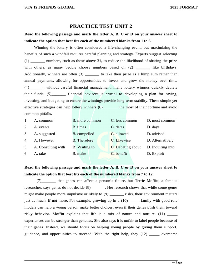 STA 12 Friends Global Practice Test | PDF | Anxiety | Cognitive Science