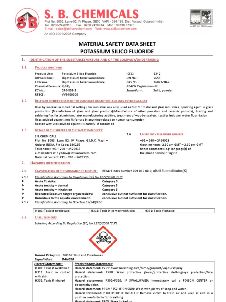 MSDS Reach Potassium Silico Fluoride | PDF | Toxicity | Waste Management