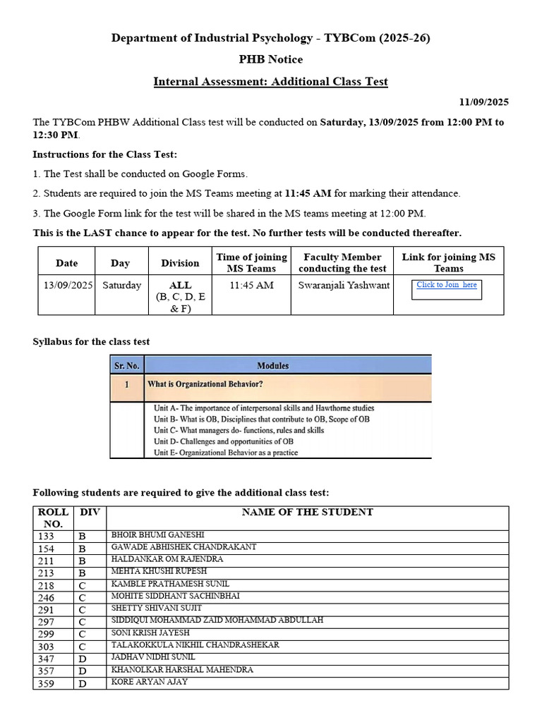 Additional Class Test - Internal Assessment | PDF