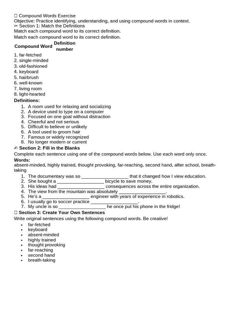 ? Compound Words Exercise | PDF