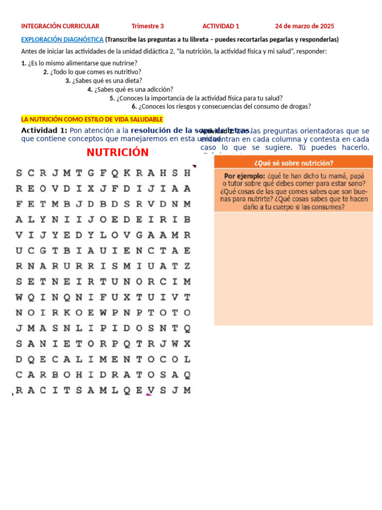 Actividad 1 - Autonomía Curricular - Vida - Saludable - ALIMENTACIÓN | PDF