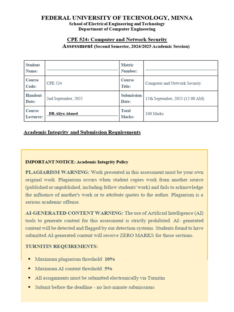 CPE 524 Assessment 2025 | PDF | Plagiarism | Computing