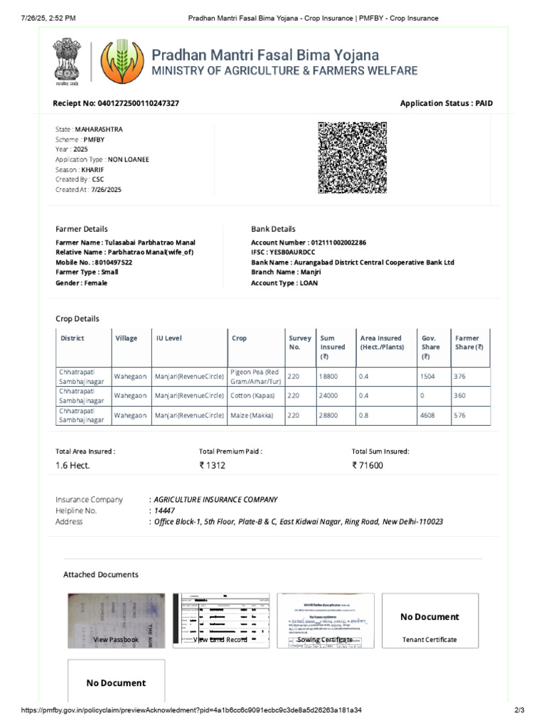 Pradhan Mantri Fasal Bima Yojana - Crop Insurance - PMFBY - Crop Insurance TULSABAI MANAL | PDF ...