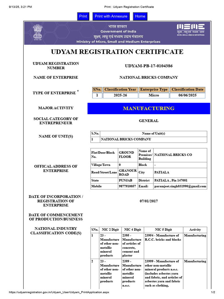 Print - Udyam Registration Certificate PARAMJEET SINGH | PDF ...