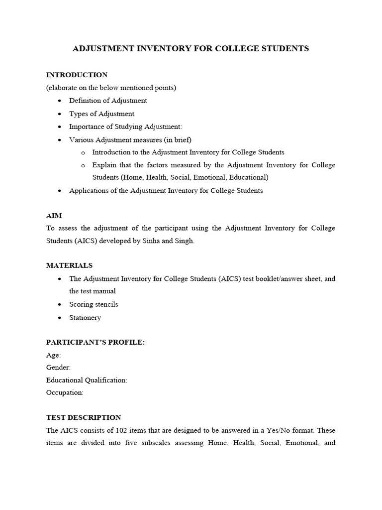 College Adjustment Inventory Overview | PDF | Well Being | Psychology