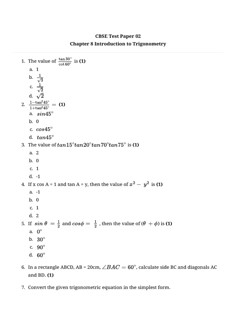CBSE Trigonometry Test Paper Solutions | PDF | Trigonometry ...