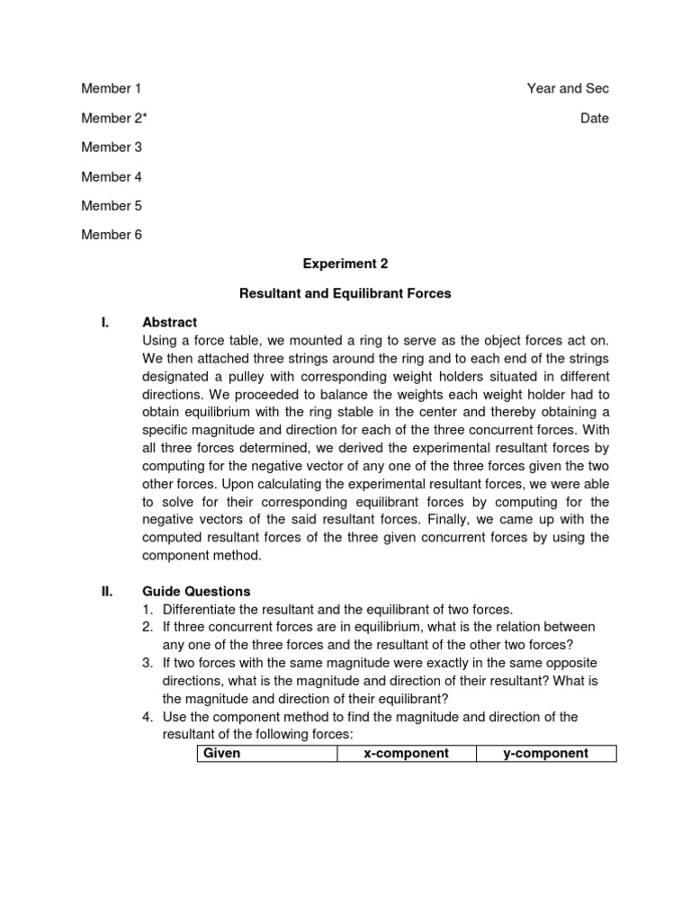 PHYS 201 Resultant and Equilibrant Forces Formal Report | PDF | Force ...