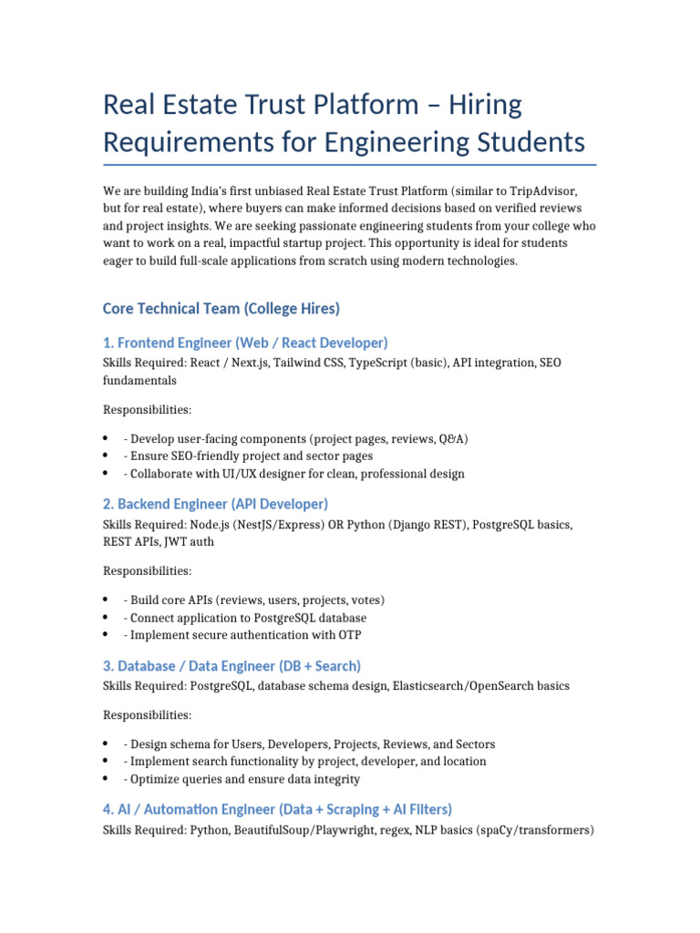 Engineering Internships for Real Estate Platform | PDF | Postgre Sql ...