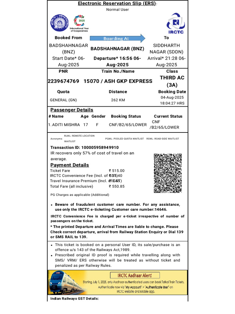 IRCTC Train Ticket Booking Details | PDF | Identity Document | Payments
