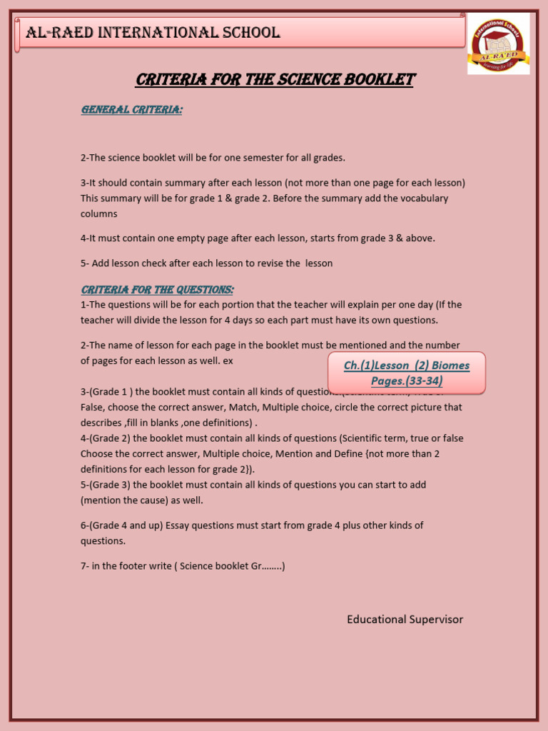Science Booklet Criteria for AL-RAED | PDF