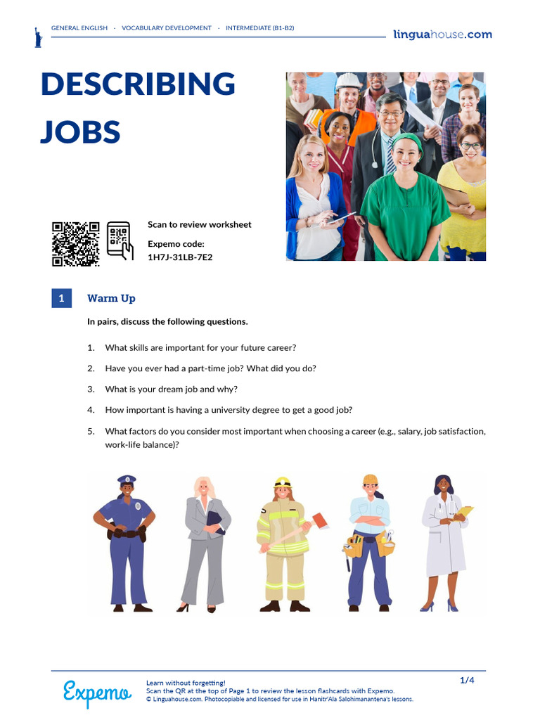 Intermediate Vocabulary: Describing Jobs | PDF