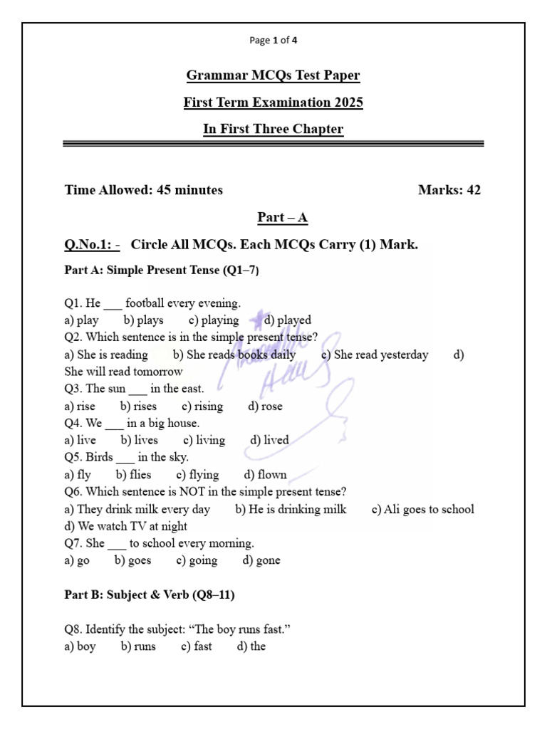 Grammar MCQs Test Paper 2025 | PDF | Verb | Linguistics
