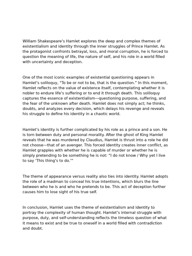 Existentialism and Identity in Hamlet Essay by Philile | PDF