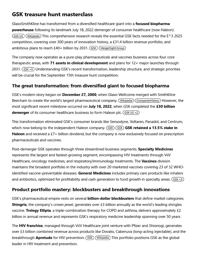 GSK's Transformation and Key Facts | PDF | Health Care | Health Sciences