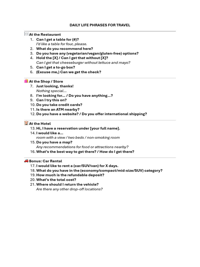 Essential Travel Phrases Guide | PDF