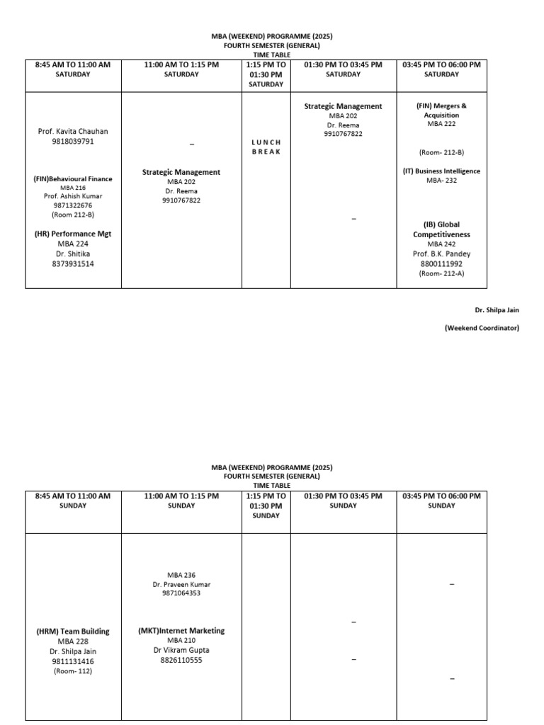 MBA WE Timetable II and IV Sem 2025 | PDF