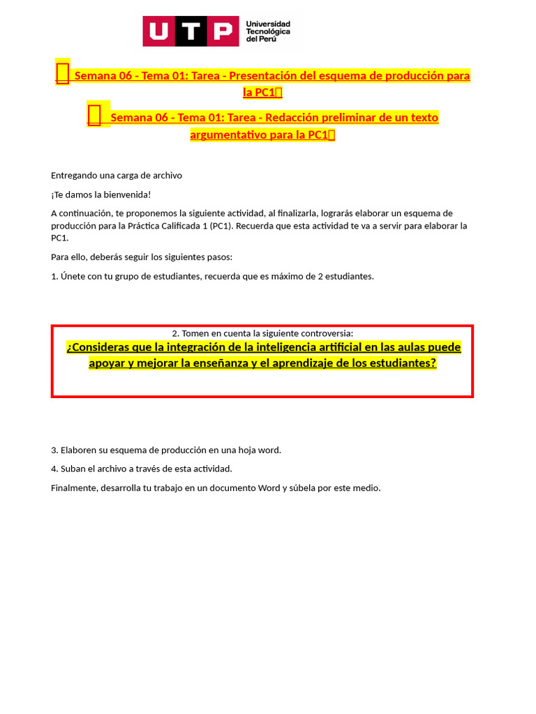 ? Semana 06 - Tema 01 Tarea - Presentación Del Esquema de Producción para La PC1 - REDACCION 1 ...
